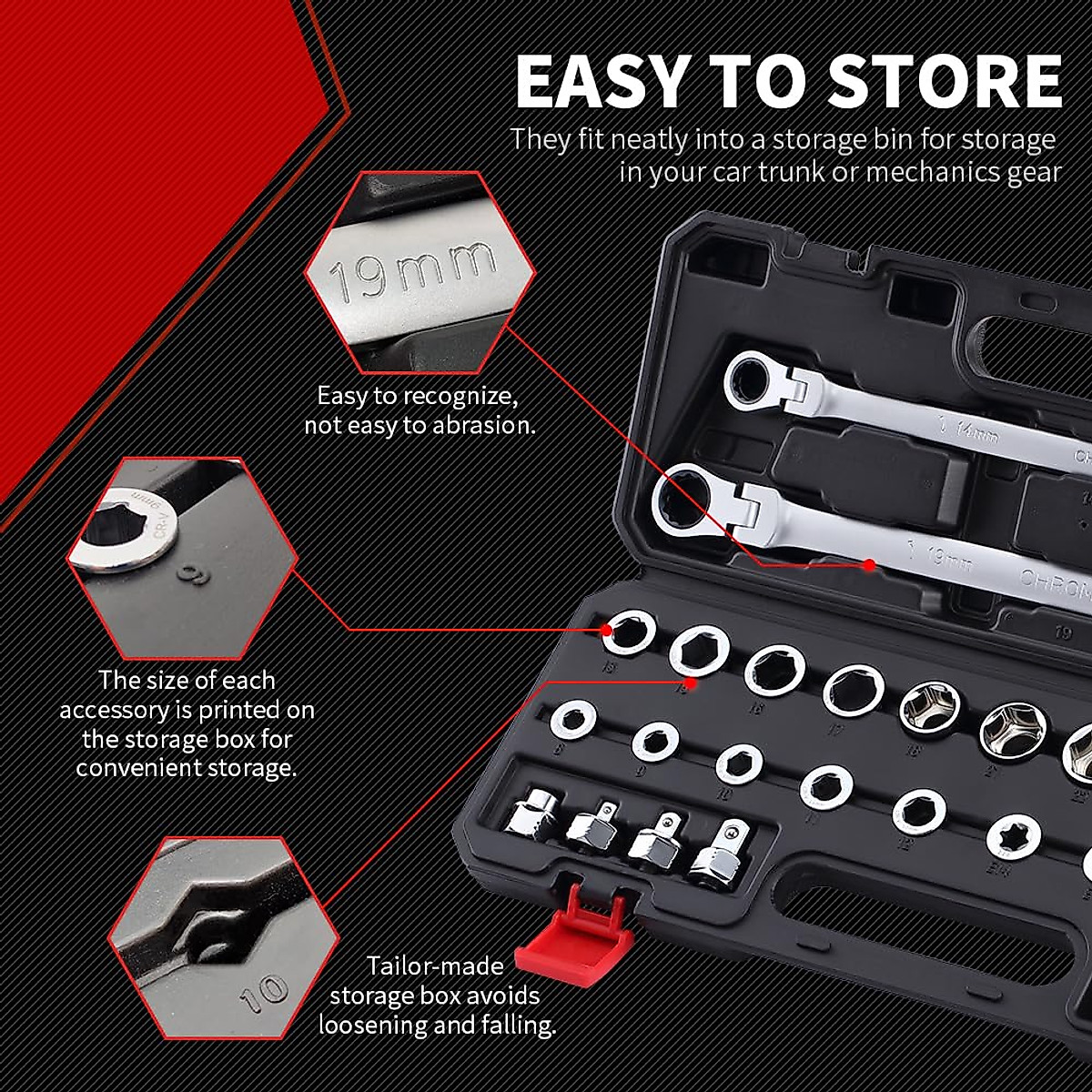 AKM TOOL 27 PC Flex Head Ratcheting Wrench Set, Metric | 72-Tooth | 8-22mm | Extra Long Double Box End Ratchet Wrench Flex Head Wrench Set