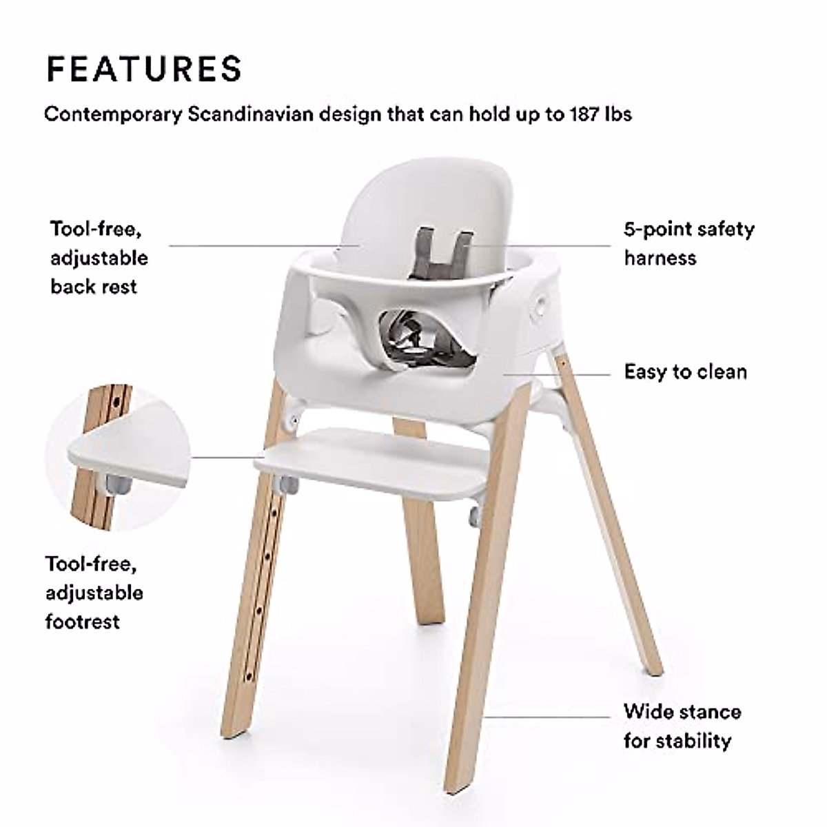 Stokke Steps High Chair - Natural Legs & White Seat - 5-in-1 Seat System - Includes Baby Set - Suits Babies 6-36 Months - Chair Holds Up to 187 lbs. - Tool Free & Adjustable