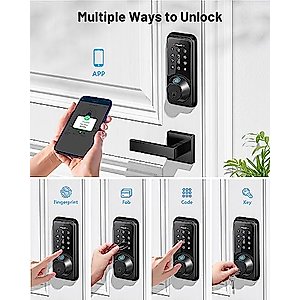 Smart Door Lock Set for Front Door, Zowill 7-in-1 Fingerprint Deadbolt with App Control, Keyless Entry Door Lock with 2 Lever Handles, Biometric,Touchscreen Keypad, Auto Lock, Matte Black