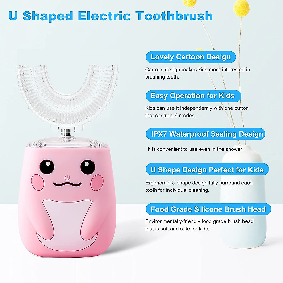 Kids Electric Toothbrush, U Shaped Ultrasonic Automatic Tooth Brush, Toothbrush with 2 Brush Heads, Six Cleaning Modes, IPX7 Waterproof, Cartoon Modeling Design for Toddler Children (Pink, 8-15Y)