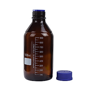 Moonetto 4 Pack 1000ml Amber Glass Graduated Round Lab Reagent Media/Storage Bottle With GL45 Blue Screw Cap