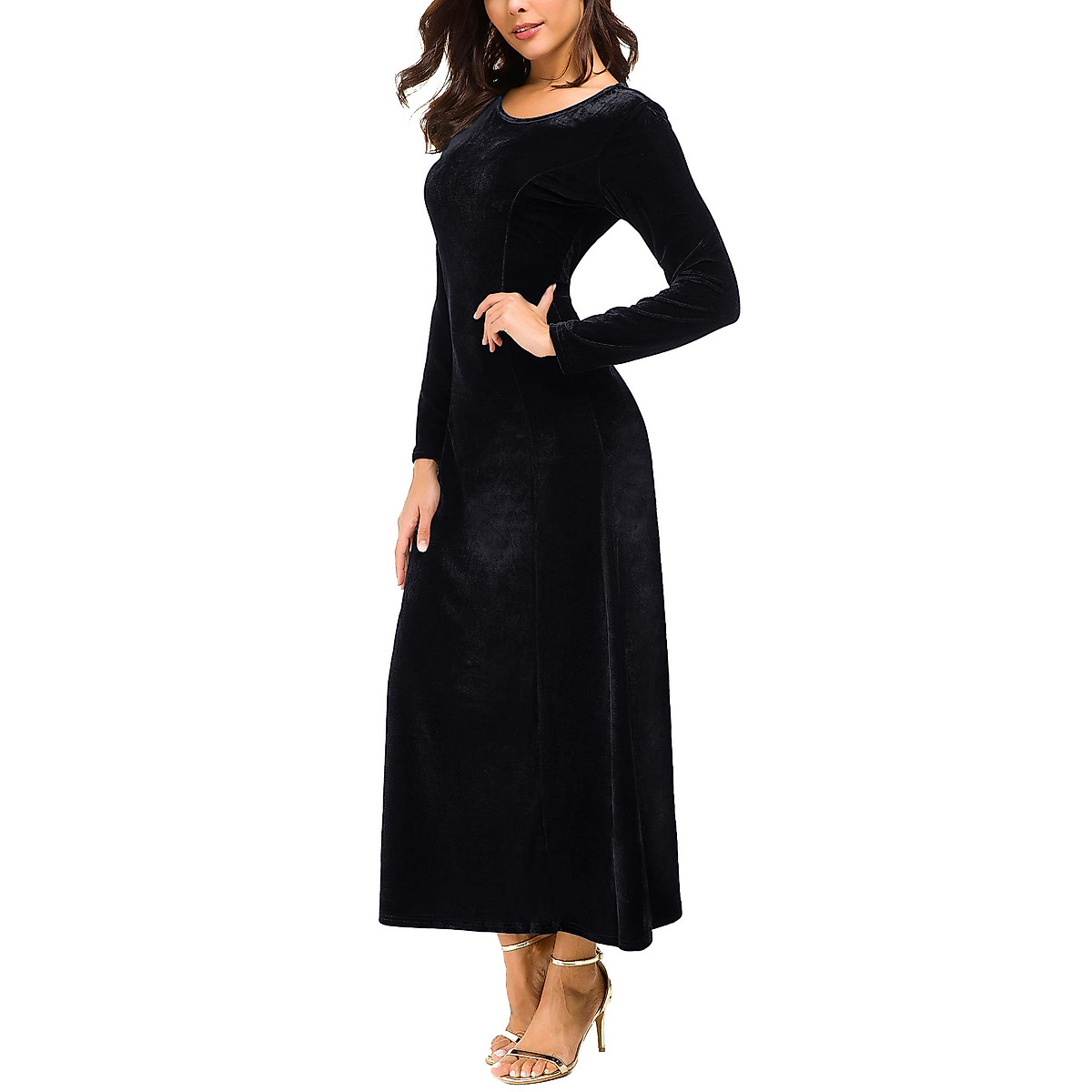 Urban CoCo Women's Elegant Long Sleeve Ruched Velvet Stretchy Long Dress (XL, Black)