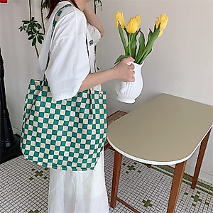 PAZIMIIK Corduroy Tote Bags for Women Reusable Grocery Shopping Shoulder Go-to Everyday Bag with Canvas Lining for Work Travel,Checkered Green