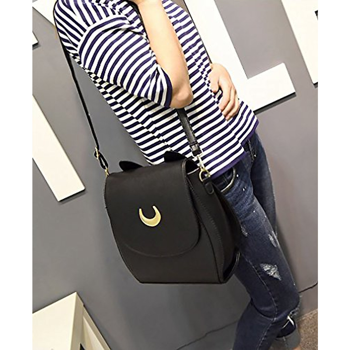 JHVYF Moon Luna Backpack Cute Kitty Cat Shoulder Bag PU Leather Backpack School Bag Black 3034