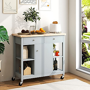 Giantex Mobile Kitchen Island Cart, Rolling Kitchen Island w/Rubber Wood Top, 4 Open Shelves, 2 Deep Drawers, 1 Enclosed Cabinet, Serving Utility Trolley on Wheels for Kitchen, Dining Room (Gray)
