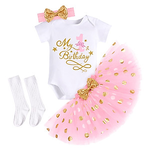 Mini Polka Dots It's My 1/2 /1st /2nd/3rd Birthday 4 Piece Outfits for Cake Smash Romper Bodysuit Tutu Skirt Set Headband Socks Formal Baptism Christening Dance Evening Ball Gown Pink-1st 1T