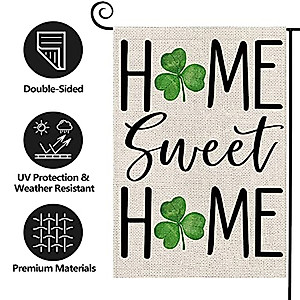 Texupday St.Patrick's Day Home Sweet Home Shamrock Clover Decoration Double Sided Vertical Burlap Garden Flag Rustic Holiday Party Outdoor Yard Banner 12" x 18"