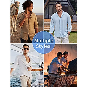 COOFANDY Linen Shirts Casual Men Lightweight Beach Shirts Long Sleeve Summer Button Up Shirt Green