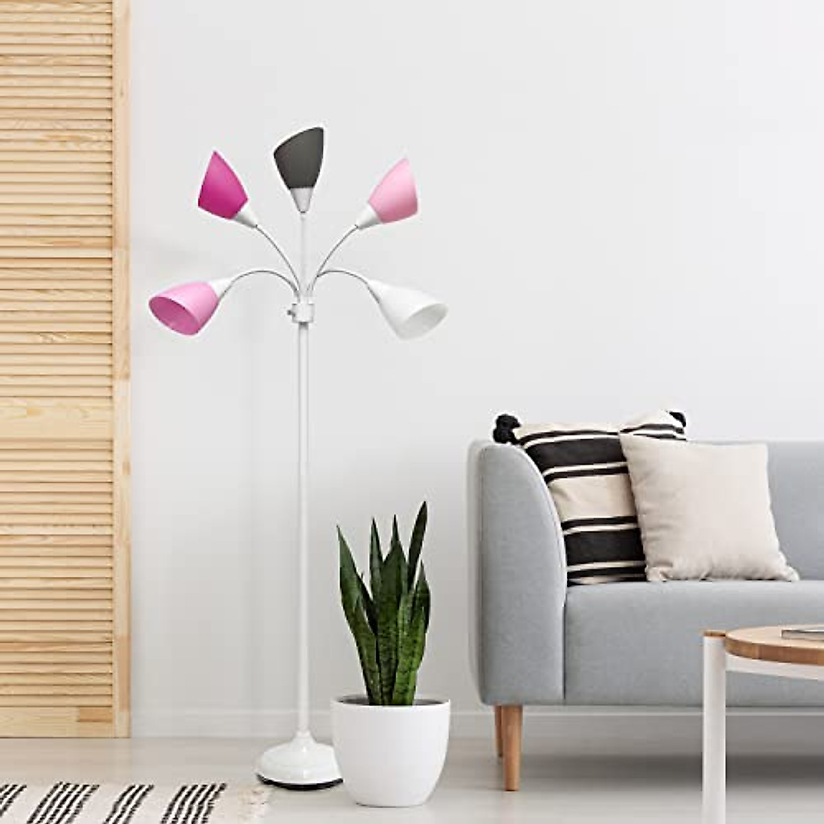 Simple Designs LF2006-WPG 67" Contemporary Multi Head Medusa 5 Light Adjustable Gooseneck White Floor Lamp with Pink, White, Gray Shades for Kids Bedroom Playroom Living Room Office, 30 x 10 x 67
