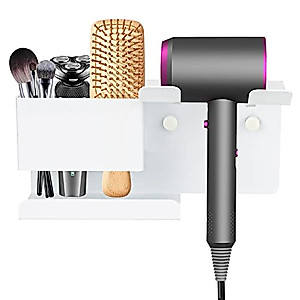 Hair Dryer Holder Wall Mounted, SHAIDOJIO Blow Dryer Holder for Bathroom, Aluminum Alloy Hair Dryer Rack, Muti-Function Hair Tool Organizer with Plug Hook (White)