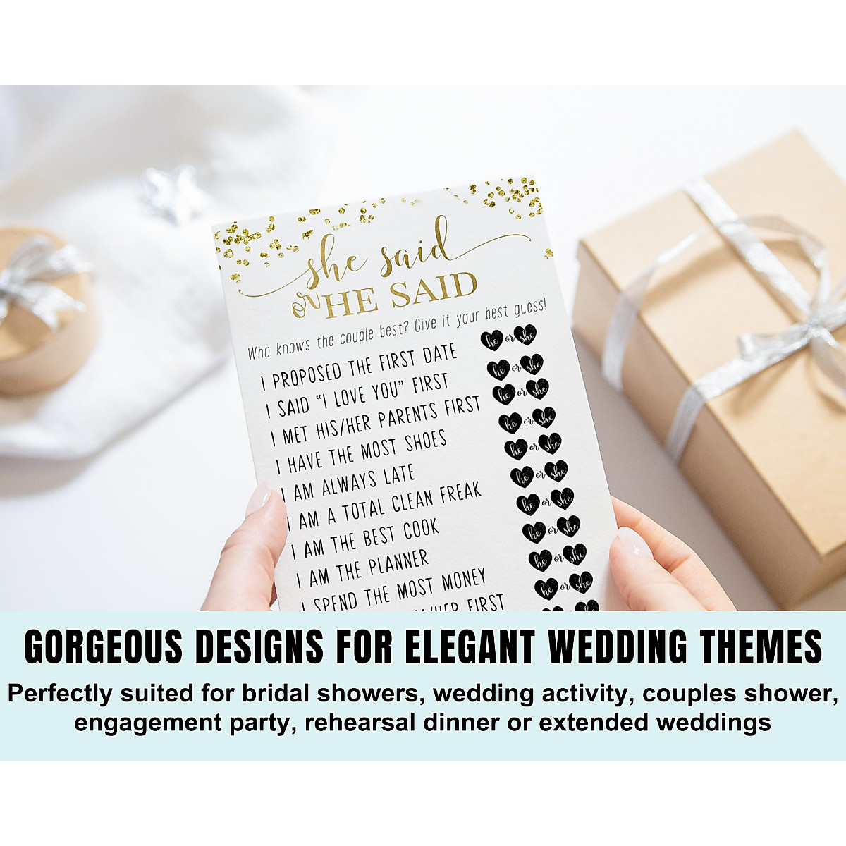 Black and Gold Bridal Shower Game He or She Said – 25 Pack, Couples Wedding Engagement Party Games, Reception Decor and Ideas, Fun Bridal Shower Guest Activities
