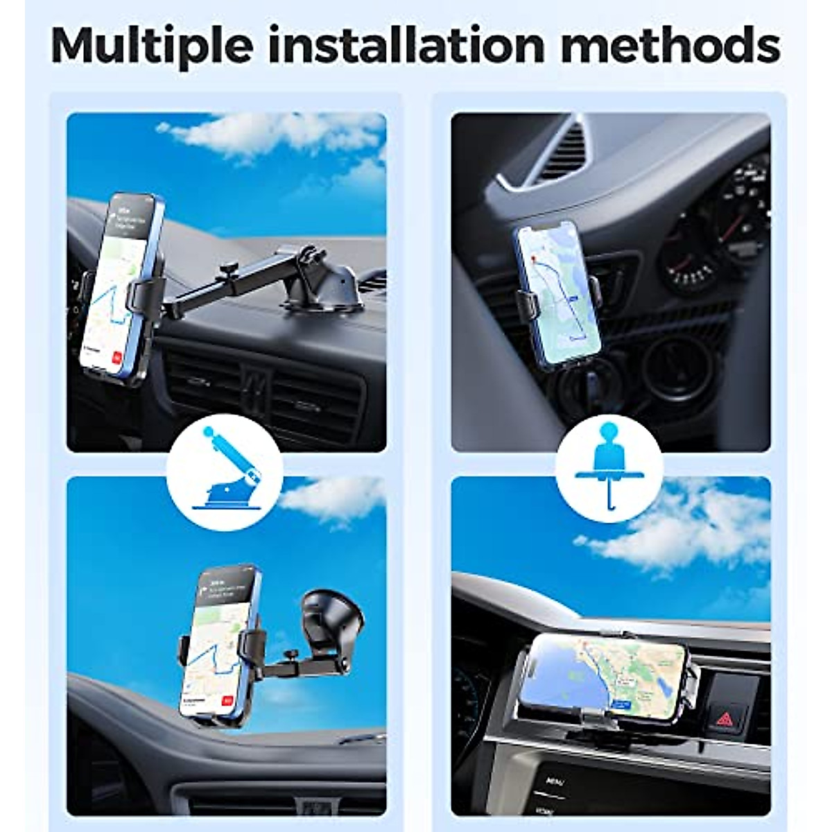 ADIUPUL Car Phone Holder Mount, Phone Mounts for Car 3 in 1 Universal Car Mount, Easy Clamp Hands Free Universal Fit for Dashboard Windshield Vent iPhone Samsung and More Phones
