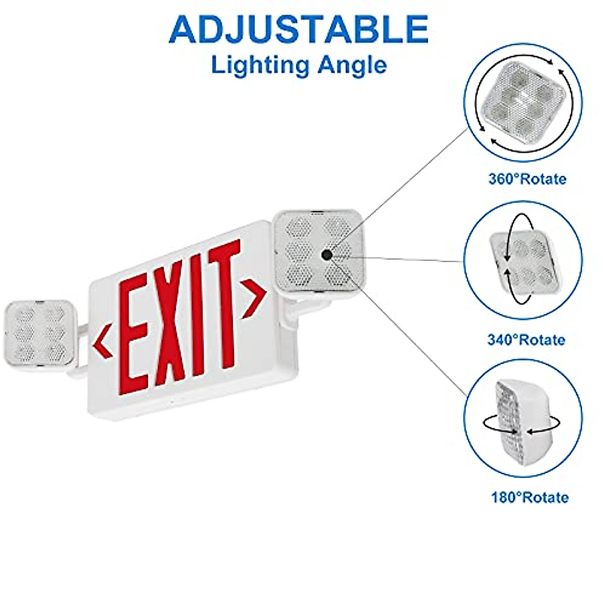 LED Exit Sign with Emergency Light, 2 Adjustable Head Flood Lights, OSTEK Double Sided Red Emergency Exit Sign and Lights Combo, 90min Backup Battery, Fire Resistant 120-277V (UL 94V-0)(1pack)