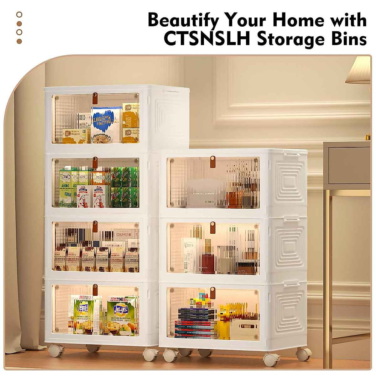 4 Tier Stackable Storage Bins with Lids, 23Qt Plastic Storage Containers with Magnetic Doors & Wheels, Convenient Storage Bins Closet Organizers, Household Organization for Home, Party, Office, Dorm