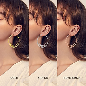 Custom Bamboo Hoop Earrings Personalized Name Earrings for Friends Big Hoop Earrings Oversize Hip-Hop Earrings with Any Name for Women Wife Mom Daughter Sister Birthday Party Graduation (Style 14 Hoop)