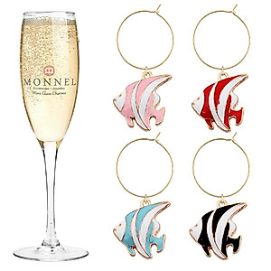 MONNEL P562 Assorted Little Tropical fish Wine Charms Glass Markers Tags for Party Decorations with Velvet Bag- Set of 4