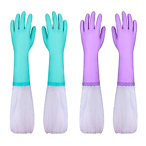 Elgood Reusable Long Sleeve Dishwashing Cleaning Gloves with Latex Free,Cotton Lining,Kitchen Gloves 2 Pairs,Purple+Blue L
