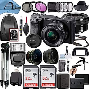 Sony Alpha a6400 Mirrorless Digital Camera 24.2MP Sensor with 16-50mm Lens, 2 Pack SanDisk 32GB Memory Card, Backpack, Full Size Tripod & A-Cell Accessory Bundle (Black) (Renewed)