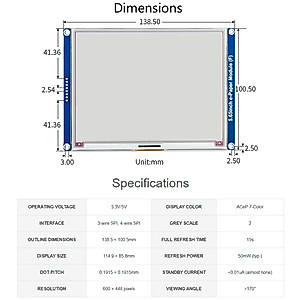 waveshare 5.65inch E-Ink Display HAT 7-Color ACeP E-Paper Display 600x448 Pixels for Arduino,Raspberry Pi 4B/3B+/3B/2B/Zero/Zero W/Zero WH and Jetson Nano
