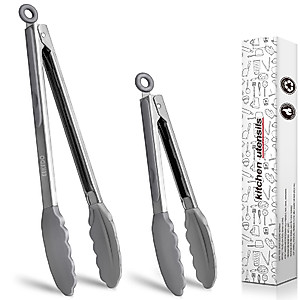 EEKEDO Kitchen Tongs, Stainless Steel Silicone Tongs for Cooking 600ºF High Heat-Resistant BBQ Grilling Locking Tongs, Set of 2-9" and 12" Grey