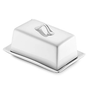 GOURMEX Large Butter Holder with Lid | Fits One Pound of Butter | Ideal Butter Keeper for Salted, Unsalted and Flavored Butter in Fridge | Ceramic White Covered Butter Dish is Dishwasher Safe