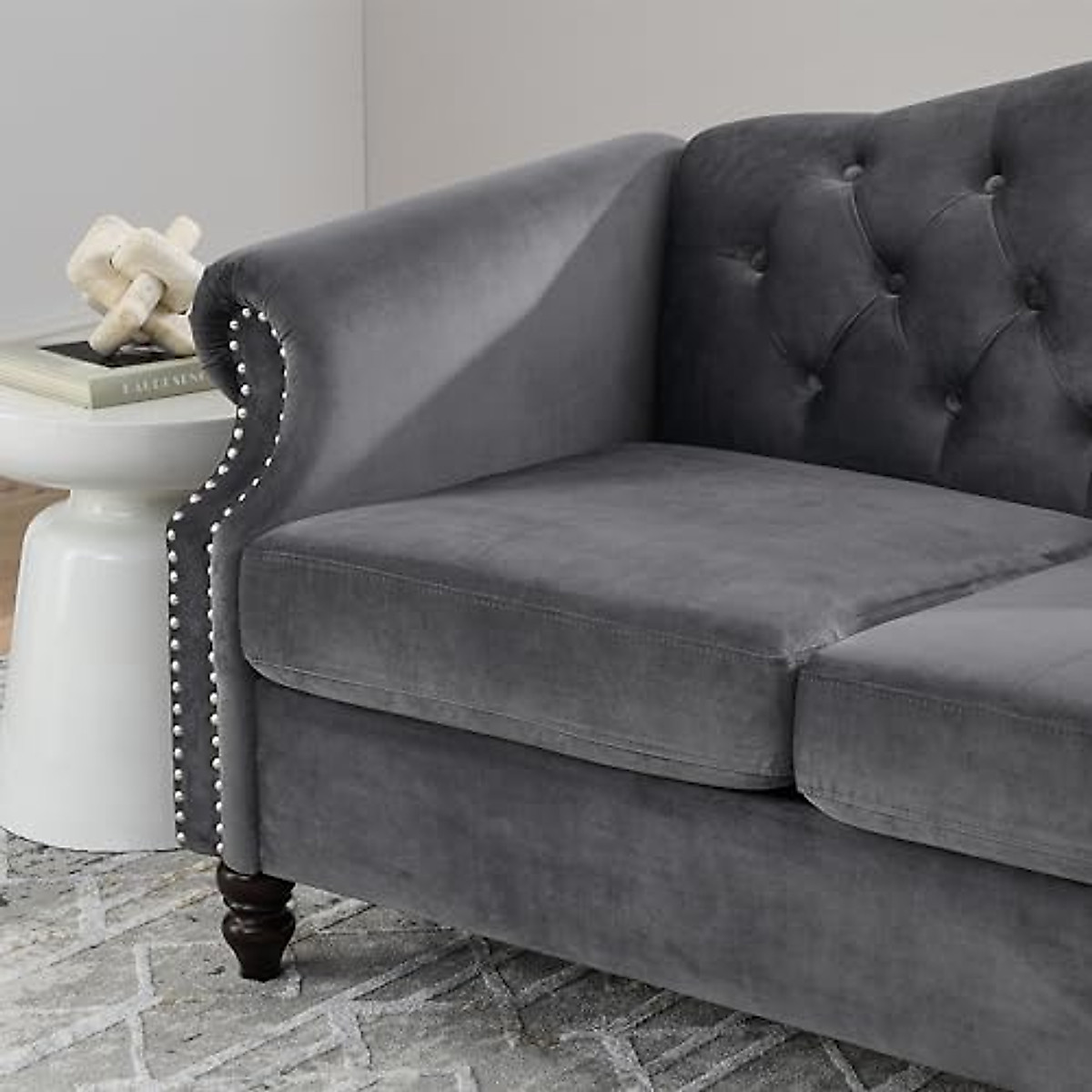 57" Chesterfield Sofa with 2 Pillows,2 Seater Sofa Tufted Couch with Rolled Arms and Nailhead for Living Room, Bedroom, Office, Apartment(Grey)