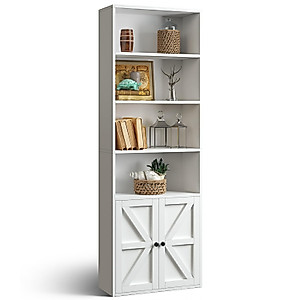 oneinmil 6-Tier Bookshelf and Bookcase, Wooden Bookshelves with Cabinet Doors, Floor Bookshelves and Office Storage Cabinets for Home Office, Living Room (White, 1 Pack)