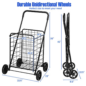 COSTWAY Folding Shopping Cart, Heavy Duty Grocery Utility Cart with Foam Wrapped Handle & Large Wheels, Versatile Rolling Cart with 22 Gal Metal Basket for Warehouse, Supermarket & Laundry