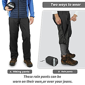 Outdoor Ventures Men's Rain Pants Waterproof Rain Overall Pants Windproof Packable Rain Outdoor Pants for Hiking Fishig Golf Black