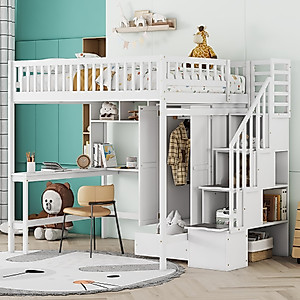 Merax Full Loft Beds Stairway Loft Bed Frame with Wardrobe, Desk, Bookshelf and Drawers, White