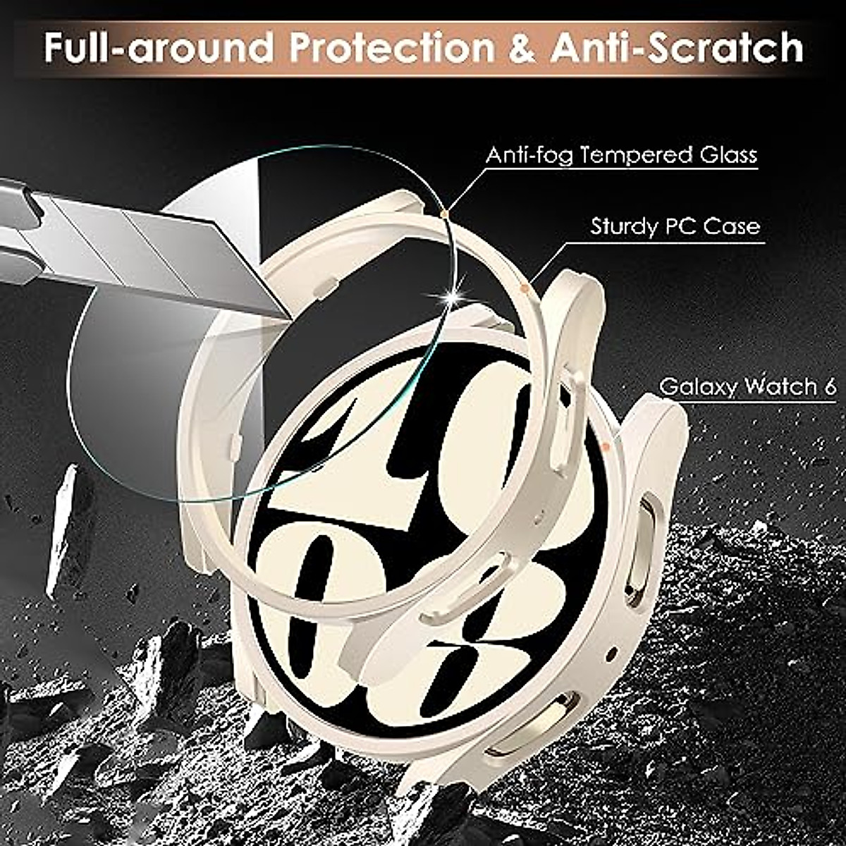 EWUONU [4+4Pack Galaxy Watch 6 Screen Protector Case 40mm 2023, Anti-Fog Tempered Glass Film and Hard PC Bumper Case Cover for Samsung Galaxy Watch 6 40mm