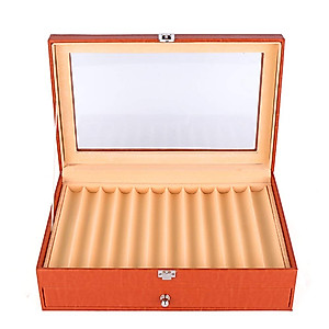 Pen Display Box 24 Piece Black Leather Flannel Pen Organizer Box,Glass Pen Display Case Storage Box with Lid,Top Glass Window Two Level Display Case with Drawer Pen Collection Display Case (Orange)