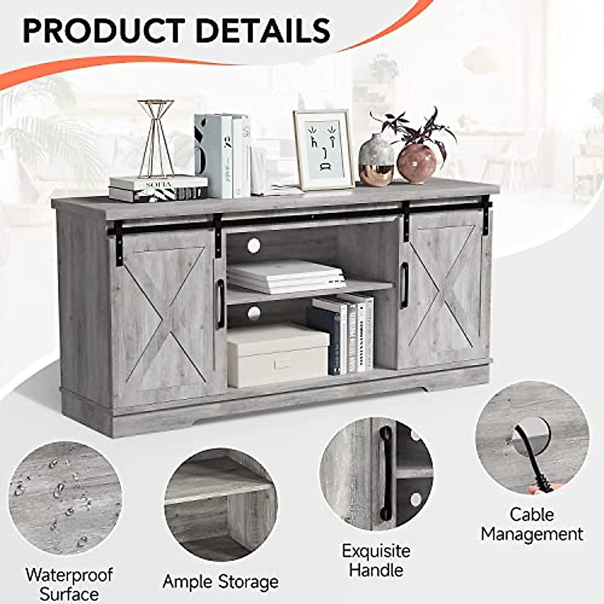 Amyove Farmhouse Stand for 65 Inch TV, Entertainment Center TV Media Console Table, Tall Stand with Storage, Barn Doors and Shelves, Grey Modern Cabinet Furniture for Living Room