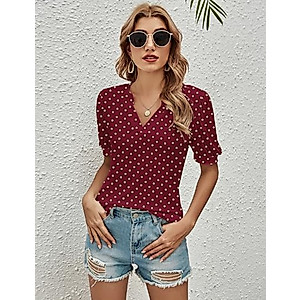 Romanstii Women Tees and Tops Short Sleeve Ruffle V Neck Tunic for Casual Wear,Wine Polka Dot,L