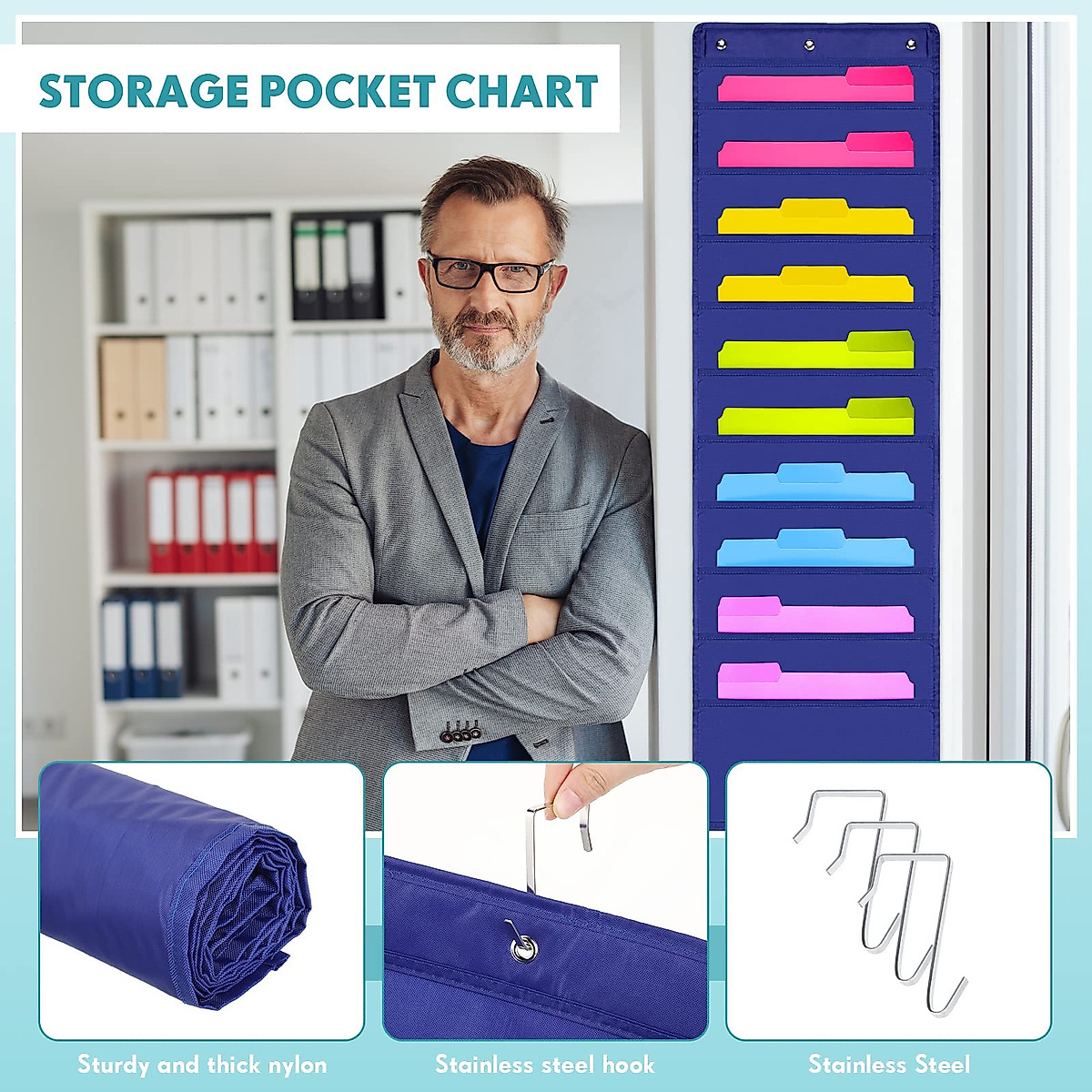 Fuutreo 4 Pack Heavy Duty Storage Pocket Chart with 40 Pockets 12 Overdoor Hangers Hanging Wall File Organizer Magazine Organizer for Classroom School Home Office