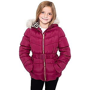 Juicy Couture Girl's Long Fur Hooded Belted Heavy Weight Parka Puffer Jacket, Warm Padded Winter Coats for Girls, Wine Red/M