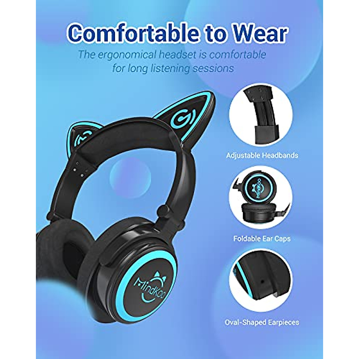 MindKoo Cat Ear Bluetooth Headphones with Microphone, LED Light Up Over Ear Headphones, Volume Control and Foldable Headset for Tablet/PC/iPad/Cell Phones, Gift for Kids Boys & Girls
