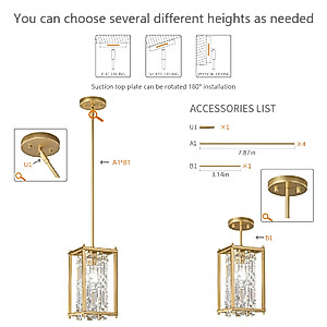 LMQNINE Dining Room Light Fixture Semi Flush Mount Ceiling Light, Industrial Farmhouse Chandelier Gold Metal Crystal Pendant Light for Hallway Balcony Kitchen Island (Square 1-Light)