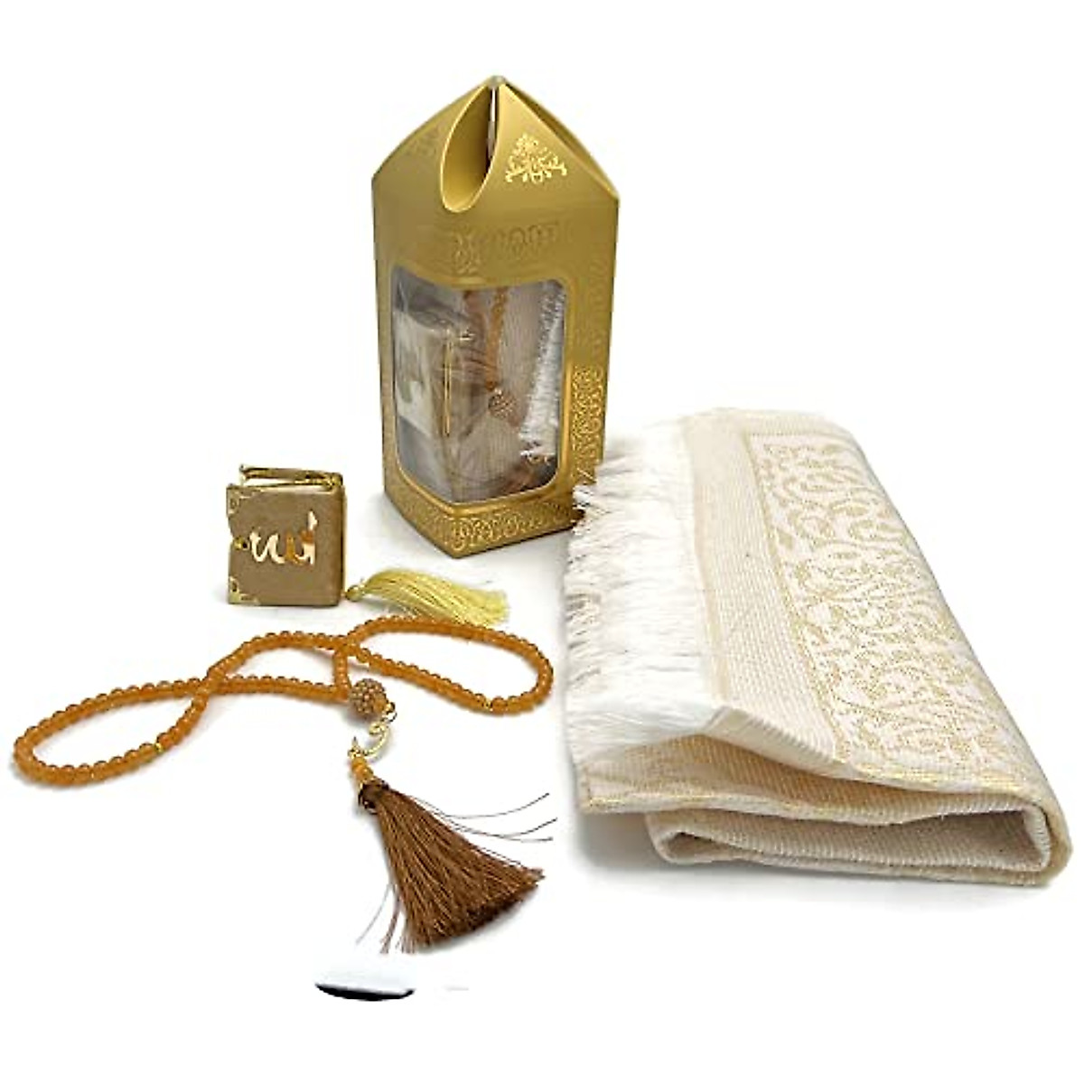 Muslim Gifts Hajj Hac Haji Gift Set Prayer Rug Janamaz Seccade Pearl Tasbeeh Prayer Beads and Pocket or Car Decor Mini Quran 3pcs/Set (Gold)