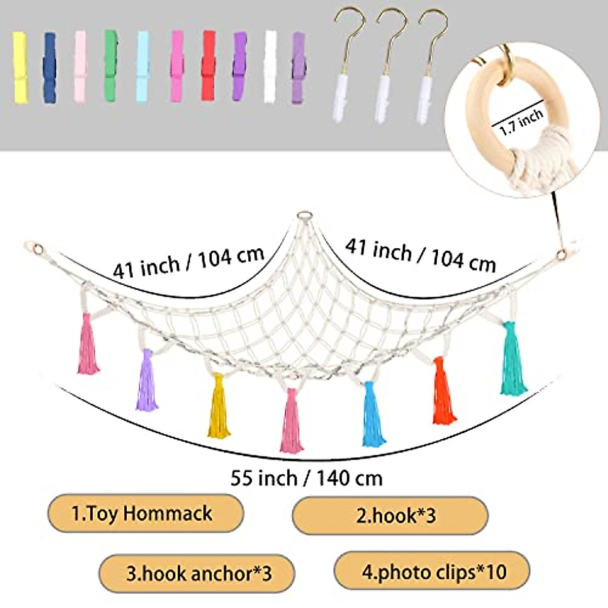 HONGTEYA Stuffed Animal Net or Hammock Large Plush Toy Net Hammock Holder for Corner Stuffed Animal Storage Ideas Hanging Plushie Toy Organizers Net with Boho Macrame Tassels 57inch