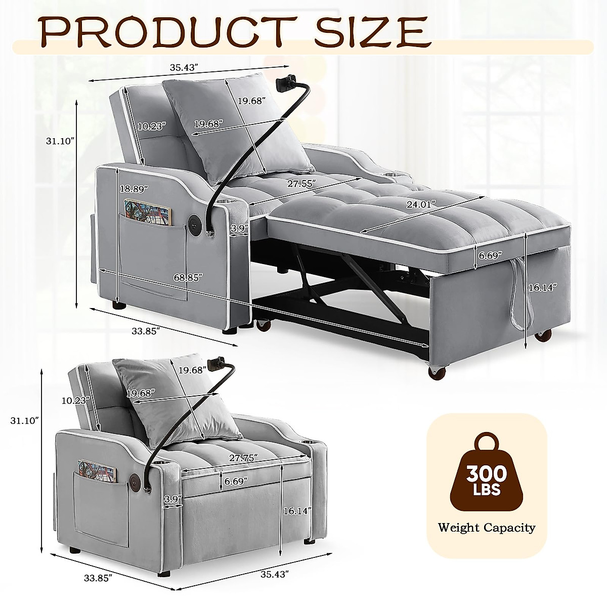 KINFFICT Sleeper Sofa Chair Bed, Convertible 3-in-1 Sofa Armchair, Adjustable Sleeper Chair with Pullout Bed, Single Lounger Futon Chair Bed with Side Pockets for Living Room (Grey)