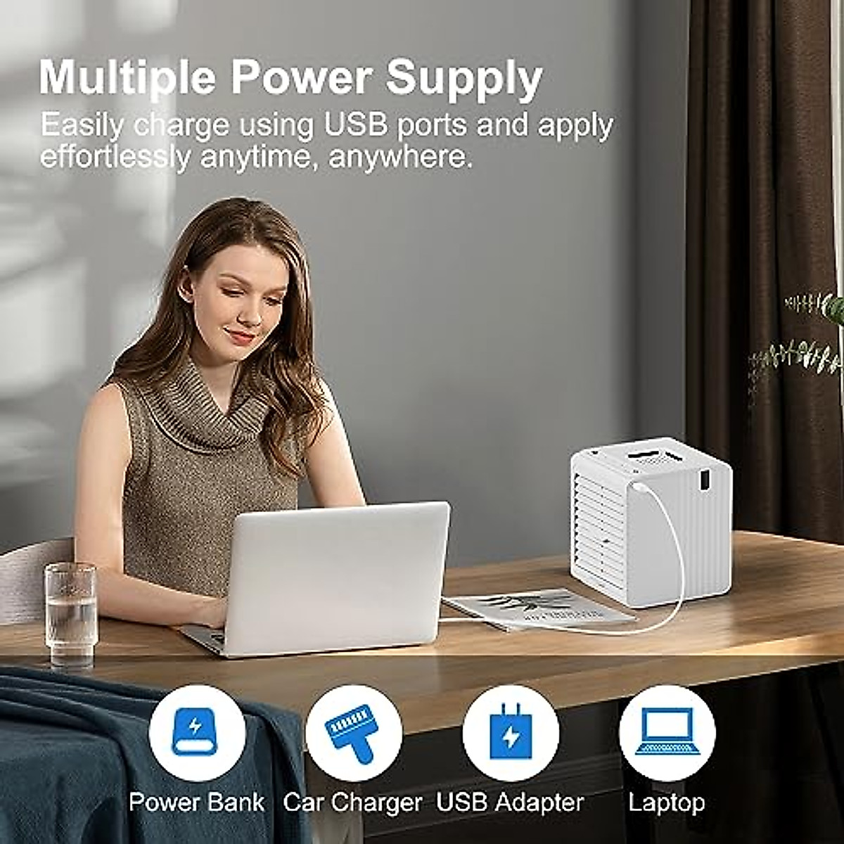 Cozzyben Mini Air Conditioner Portable Water Small USB Ac Unit Personal Evaporative Swamp Cooler Ice Fan for Desk Bedroom Room Car Camping Tent