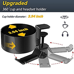 3.94'' Large Desk Cup Holder, 360° Rotating Metal Cup Holder & Under Desk Headphone Stand, Gaming Desk Anti-Spill Cup Holder Clamp for Table or Chair, Coffee Mugs, Bottles, Headset Hook