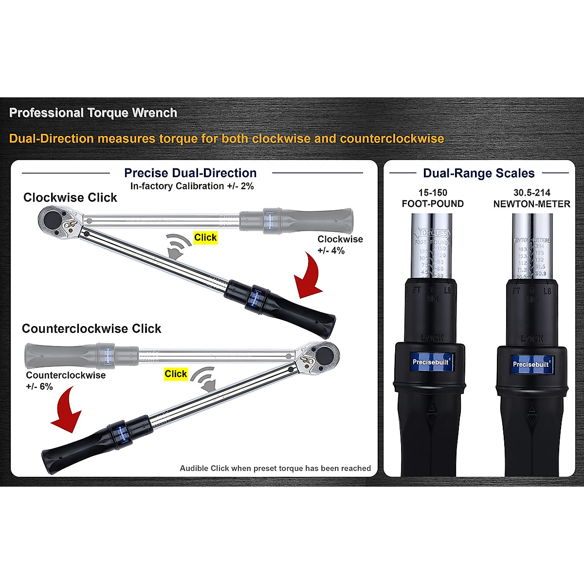 Precisebuilt 1/2" Drive 15-150 ft-lb (30.5-214 Nm) Dual-Direction Click Professional Torque Wrench
