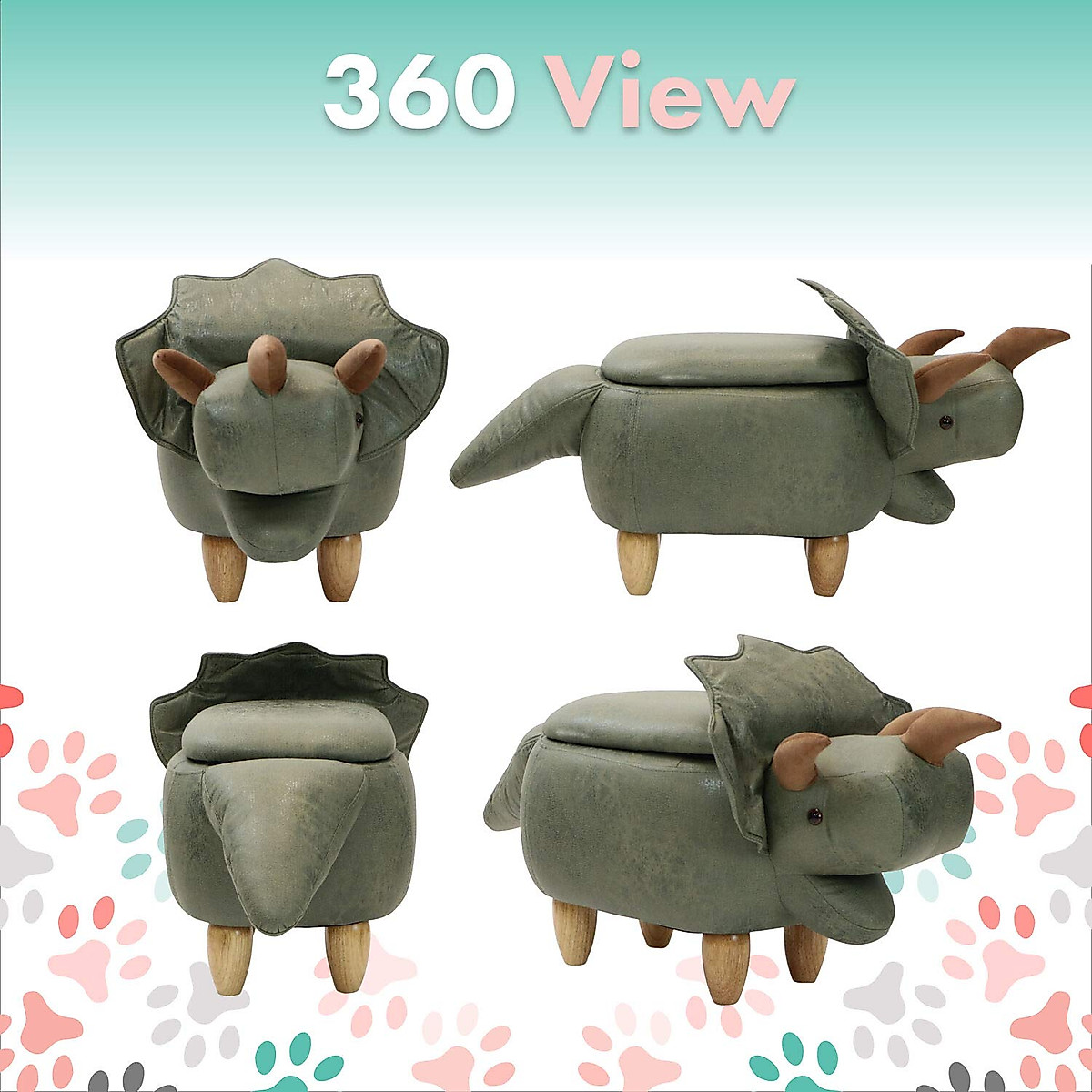 CRITTER SITTERS 15-in. Seat Height Green Triceratops Dinosaur Animal Shape Storage Ottoman, Kids Furniture for Nursery, Bedroom, Playroom, and Living Room Decor, Multifunctional Cushioned Step Stool