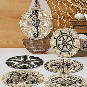8 PCS Vintage Nautical Diamond Art Coasters Kits with Holder DIY Crab Starfish Compass Diamond Art Coaster Non Slip Coaster for Adults Diamond for Xmas Present
