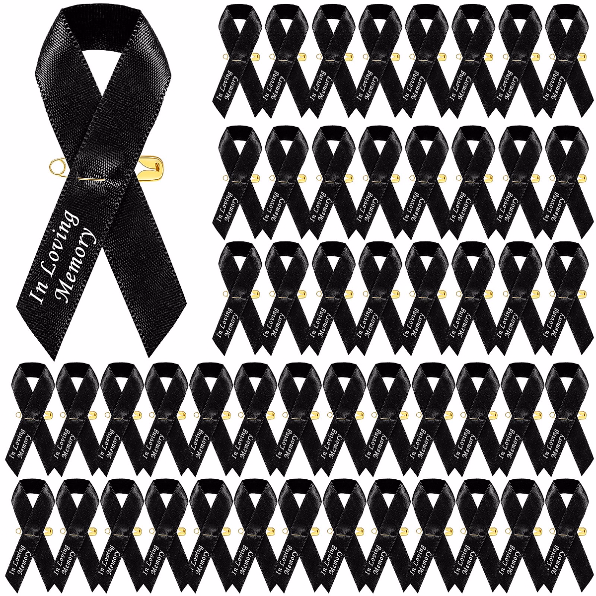 50 Pcs Funeral Ribbons Pins Black Memorial Ribbon in Loving Memory Ribbon Mourning Sympathy Ribbons with Safety Pins for Funeral Event Bereavement Remembrance Service