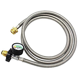 MENSI Update New Braided Propane Hose with Temperature Pressure Gauge Convert 1lb Portable Appliances to 5-40lb Tank Cylinder (POL CGA Type for 50-100lbs Cylinder)