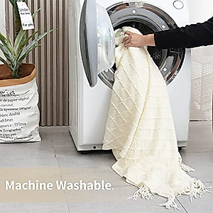 Yastouay Knitted Throw Blankets Soft Cozy Knit Blanket with Tassel Lightweight Breathable Fleece Blanket Decorative Blanket for Couch, Bed, Sofa, Travel and Farmhouse, 50"x60", Off White