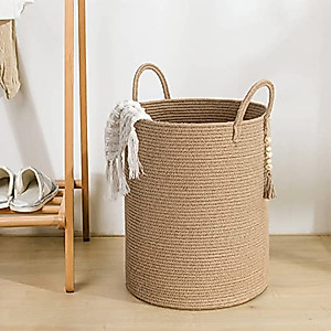 Goodpick Tall Wicker Laundry Basket with Handles, Boho Decorative Storage Basket for Living Room, Bedroom, Entryway, Bathroom, Large Woven Blanket Basket for Pillows, Towels, Shoes, Jute, 16" x 20"